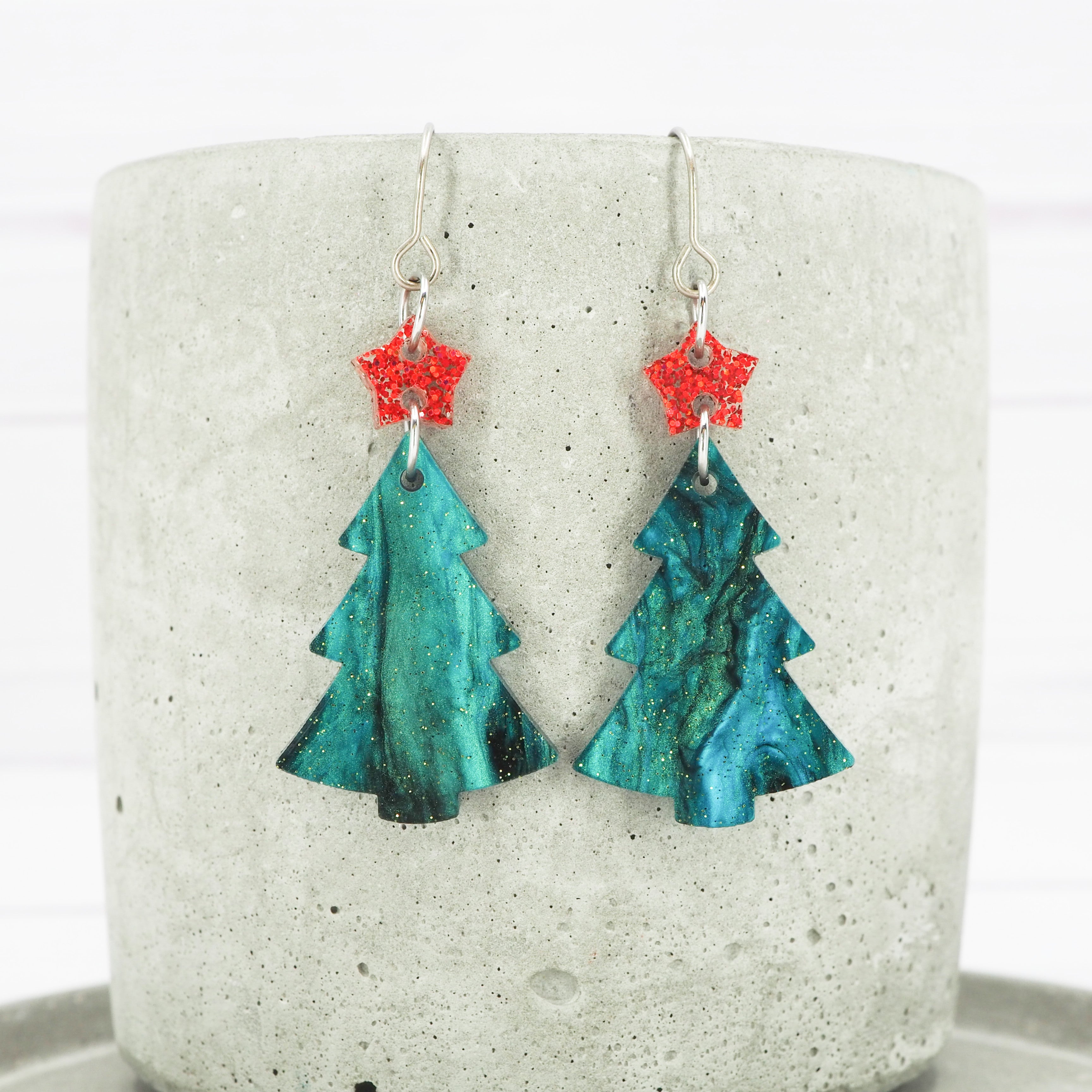 Green galaxy Christmas tree and red glitter star dangle earrings Madebyjenwren